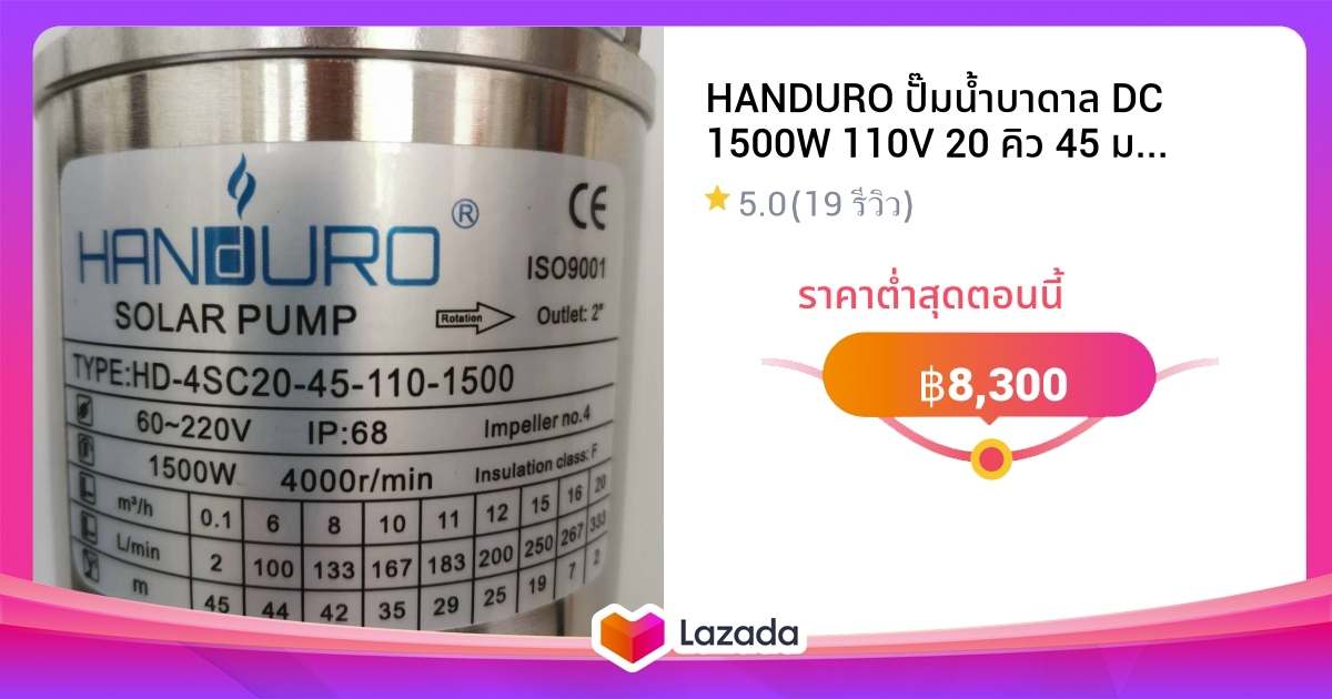 HANDURO ปั๊มน้ำบาดาล DC 1500W 110V 20 คิว 45 ม. ท่อน้ำ 2" รุ่น HD-4SC20 ...