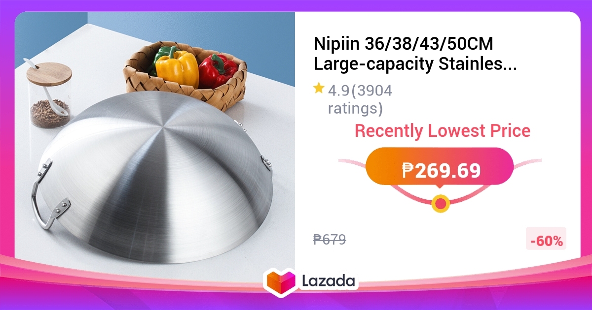 Nipiin 36/38/43/50CM Large-capacity Stainless Steel Wok With Double ...