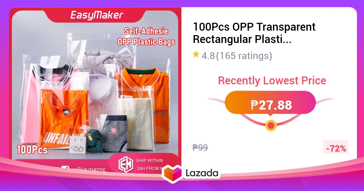 100Pcs OPP Transparent Rectangular Plastic Self-adhesive Bags Ziplock ...