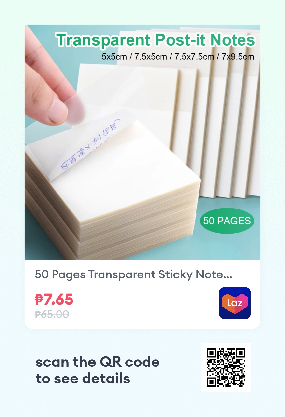 50 Pages Transparent Sticky Notes Waterproof Adhesive Paper Memo Pad ...