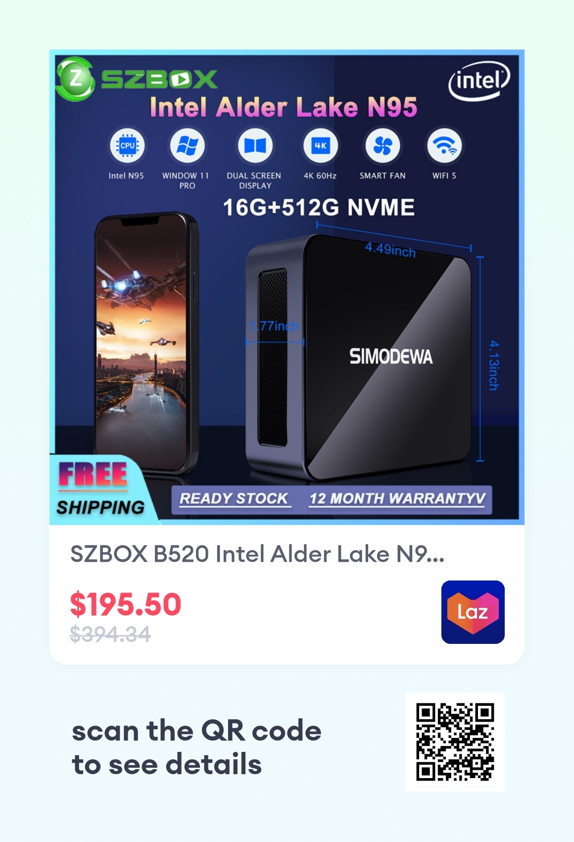 SZBOX B520 Intel Alder Lake N95 Mini Pc Windows 11 onboard 16GB 128GB ...