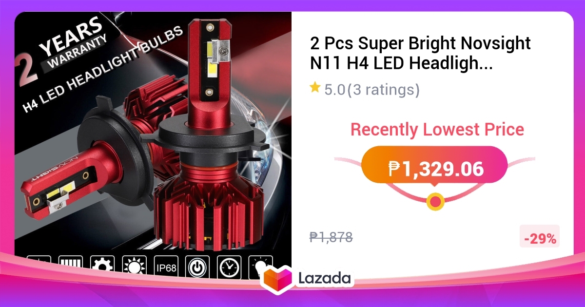 2 Pcs Super Bright Novsight N11 H4 LED Headlight Bulb Kit 60W 10000LM 6000K White LED Lights for ...