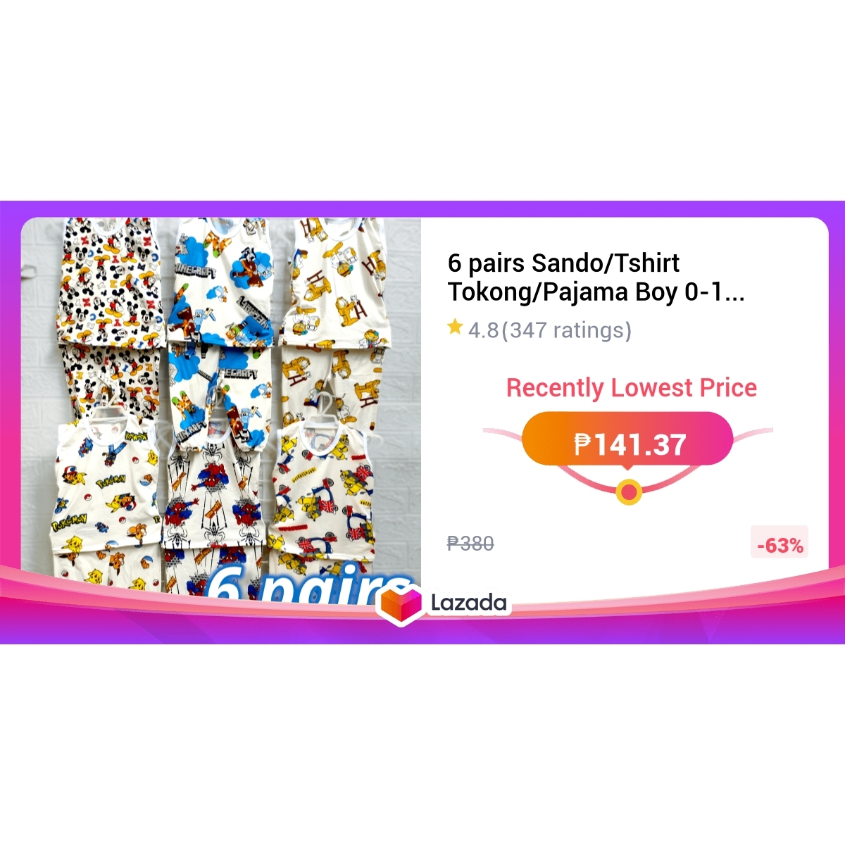 6 pairs Sando/Tshirt Tokong/Pajama Boy 0-12 months 3 pairs AVAILABLE