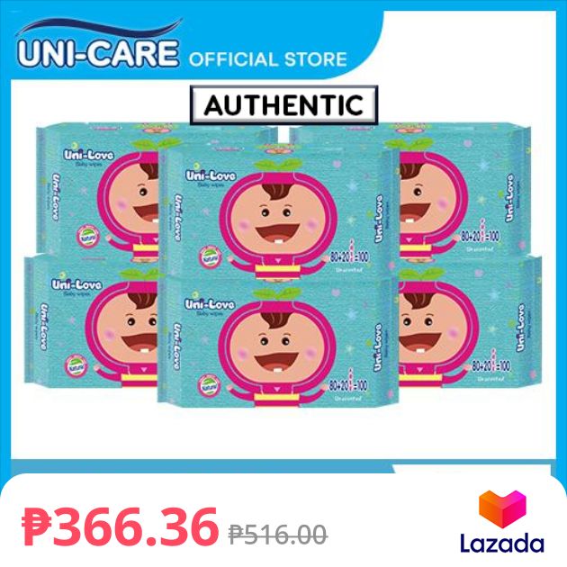 UniLove Unscented Baby Wipes 100's Pack of 6