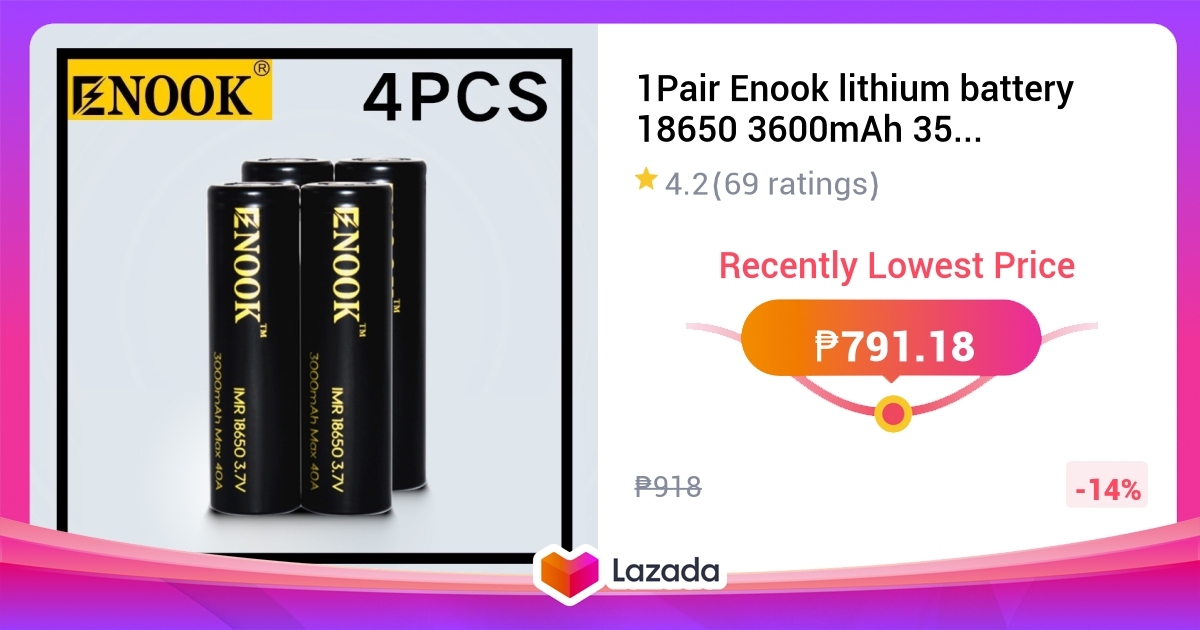 1Pair Enook lithium battery 18650 3600mAh 35A 3.7v 100 Legit guW7