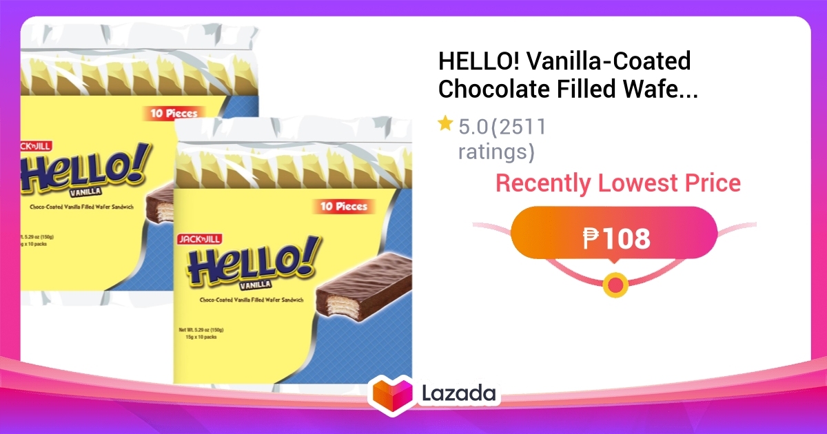HELLO! Vanilla-Coated Chocolate Filled Wafer Sandwich 10 x 15g - Pack of 2