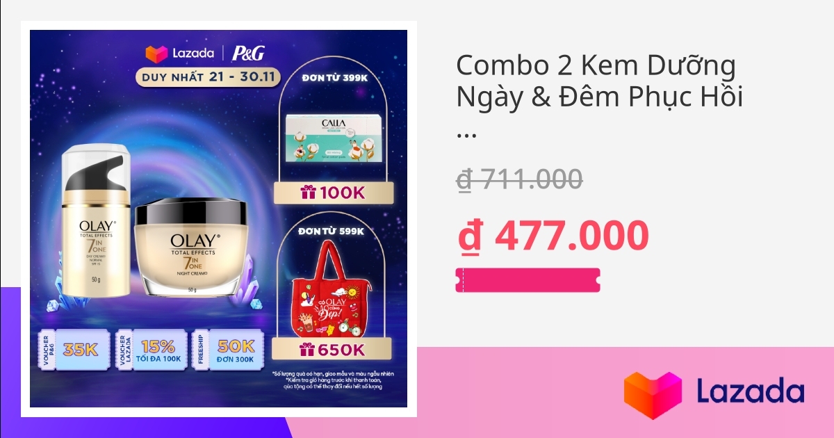 Combo 2 Kem Dưỡng Ngày & Đêm Phục Hồi & Ngăn Ngừa 7 Dấu Hiệu Lão Hóa OLAY TOTAL EFFECTS 50G X2