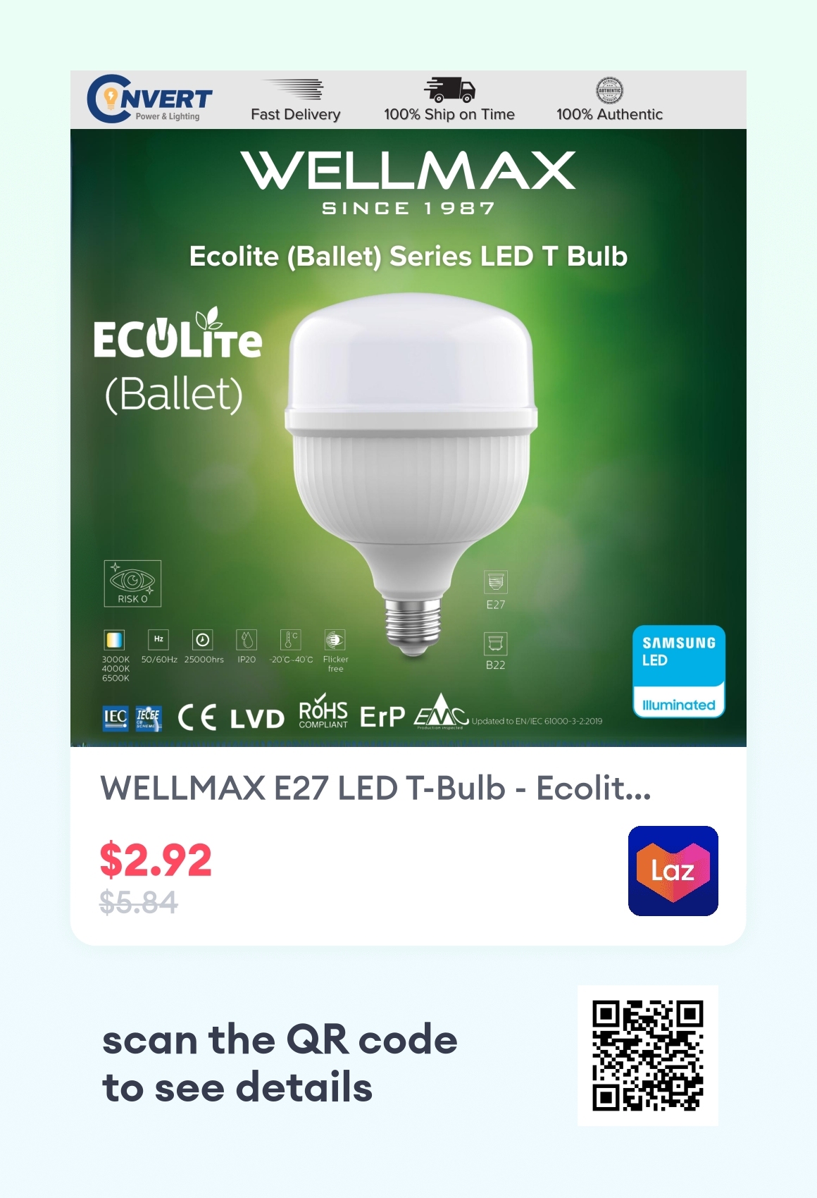 WELLMAX E27 LED T-Bulb - Ecolite (Ballet) Series LED T Bulb - 28W 38W ...