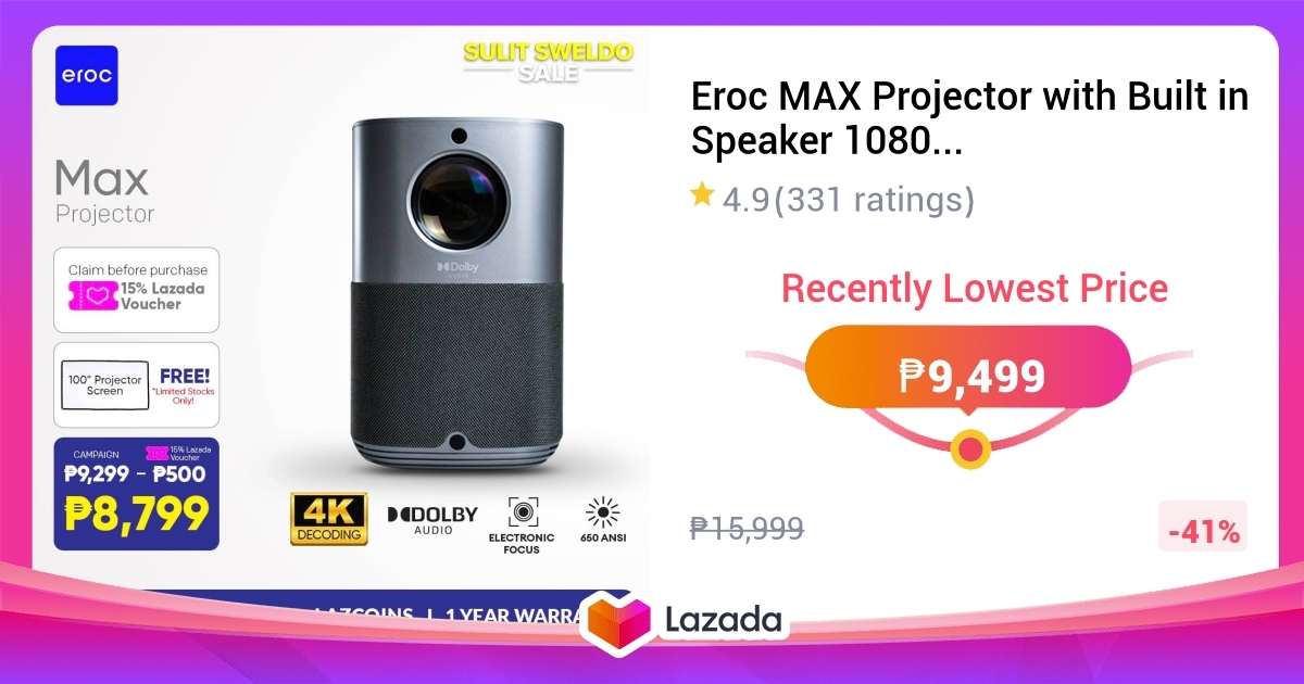Eroc MAX Projector with Built in Speaker 1080P FULLHD 4K Decode 650 ...