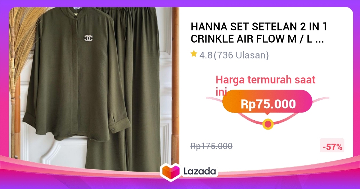 HANNA SET SETELAN 2 IN 1 CRINKLE AIR FLOW M / L / XL / XXL BAJU + CELANA KULOT WANITA