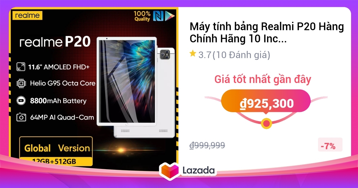 Máy tính bảng Realmi P20 Hàng Chính Hãng 10 Inch Full HD Mới 100% Pad RAM 8GB ROM 512GB Dual Sim ...