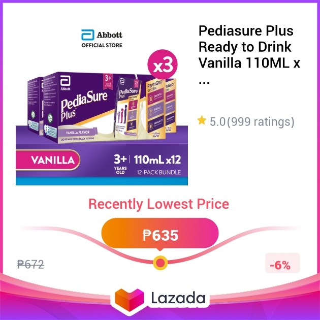 Pediasure Plus Ready to Drink Vanilla 110ML x 4 For Kids Above 3 years ...