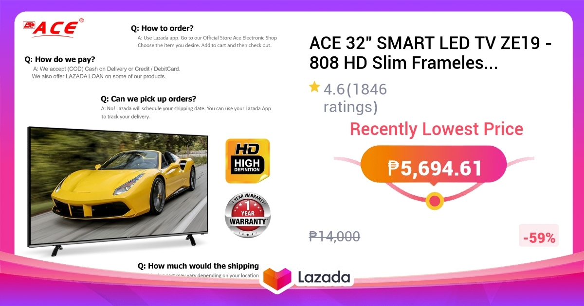 ACE 32" SMART LED TV ZE19 - 808 HD Slim Frameless Flat screen Yotube ...