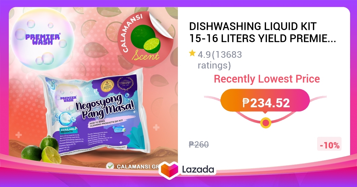DISHWASHING LIQUID KIT 15-16 LITERS YIELD PREMIER WASH
