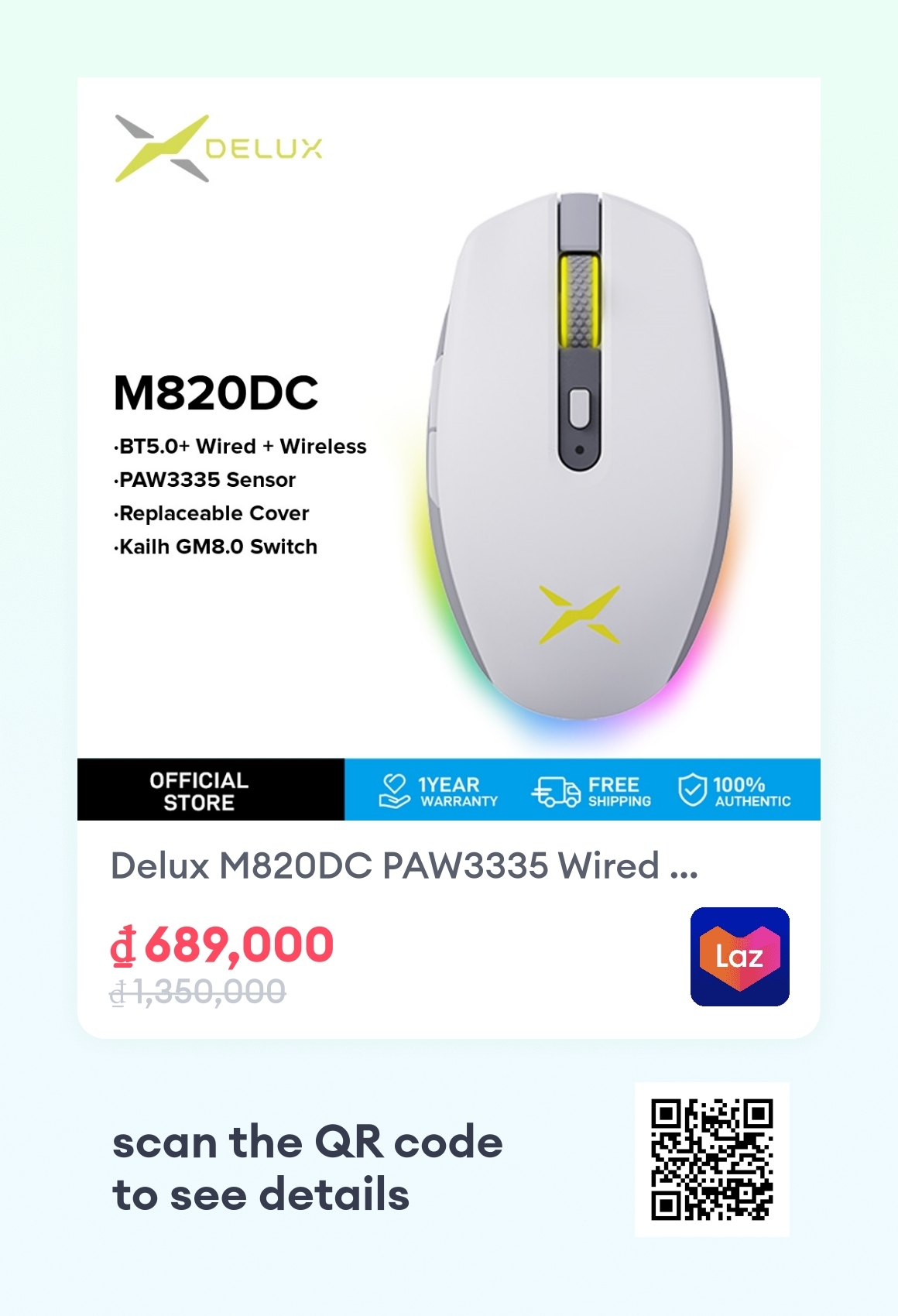 Delux M820DC PAW3335 Wired + Wireless + Bluetooth Gaming Mouse 80 ...