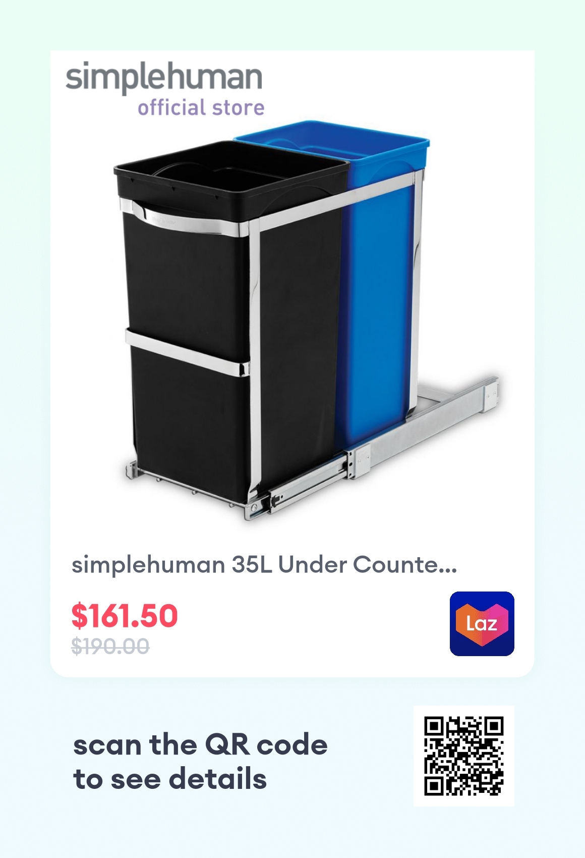 simplehuman 35L Under Counter Kitchen Pull-Out Recycler