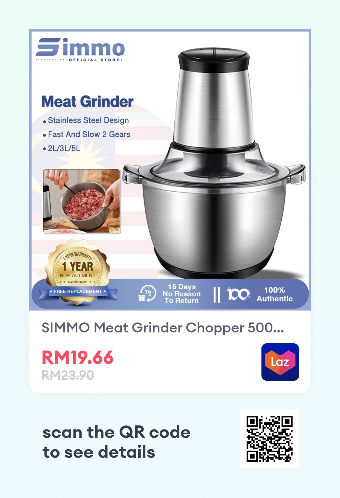 SIMMO Meat Grinder Chopper 500W Penggiling Bumbu Daging Sayur Buah Blender Mincer Stainless ...