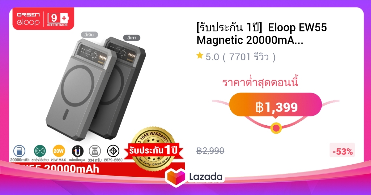 [รับประกัน 1ปี] Eloop EW55 Magnetic 20000mAh แบตสำรองไร้สาย Battery ...