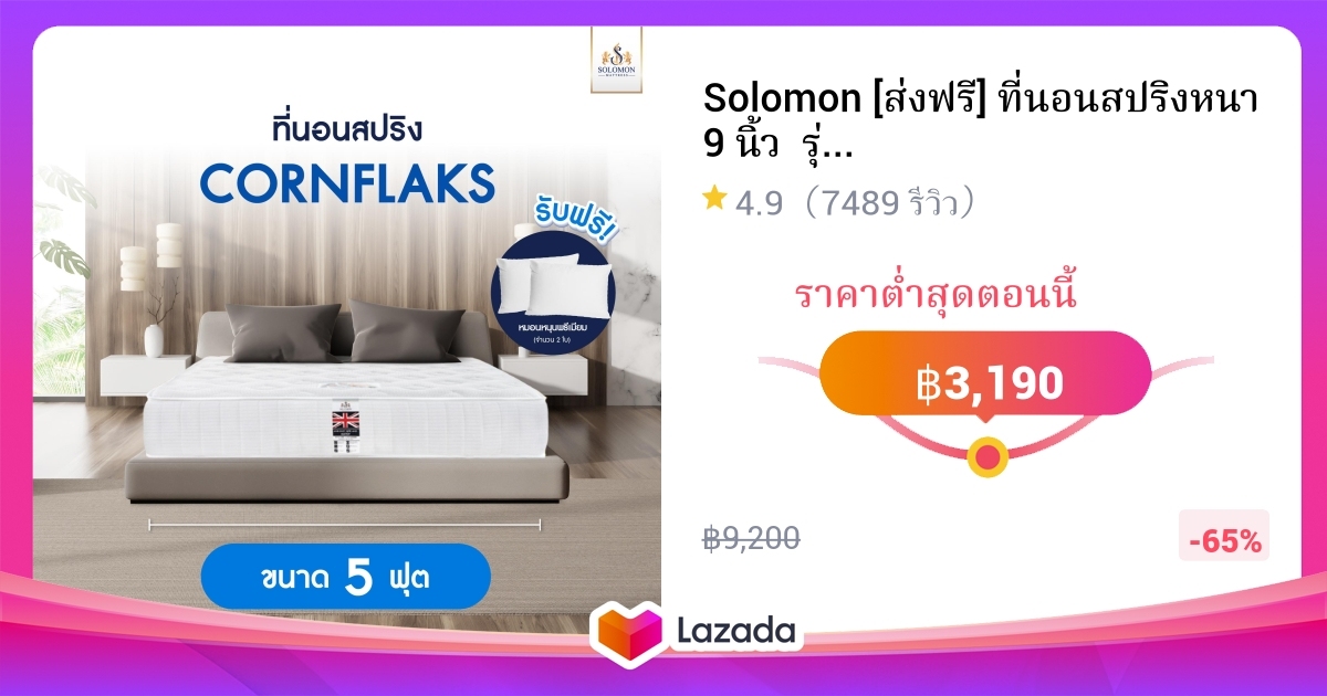 Solomon [ส่งฟรี] ที่นอนสปริงหนา 9 นิ้ว รุ่น Cornflaks นุ่ม นอนสบาย แถมฟรีหมอนหนุนใบใหญ่