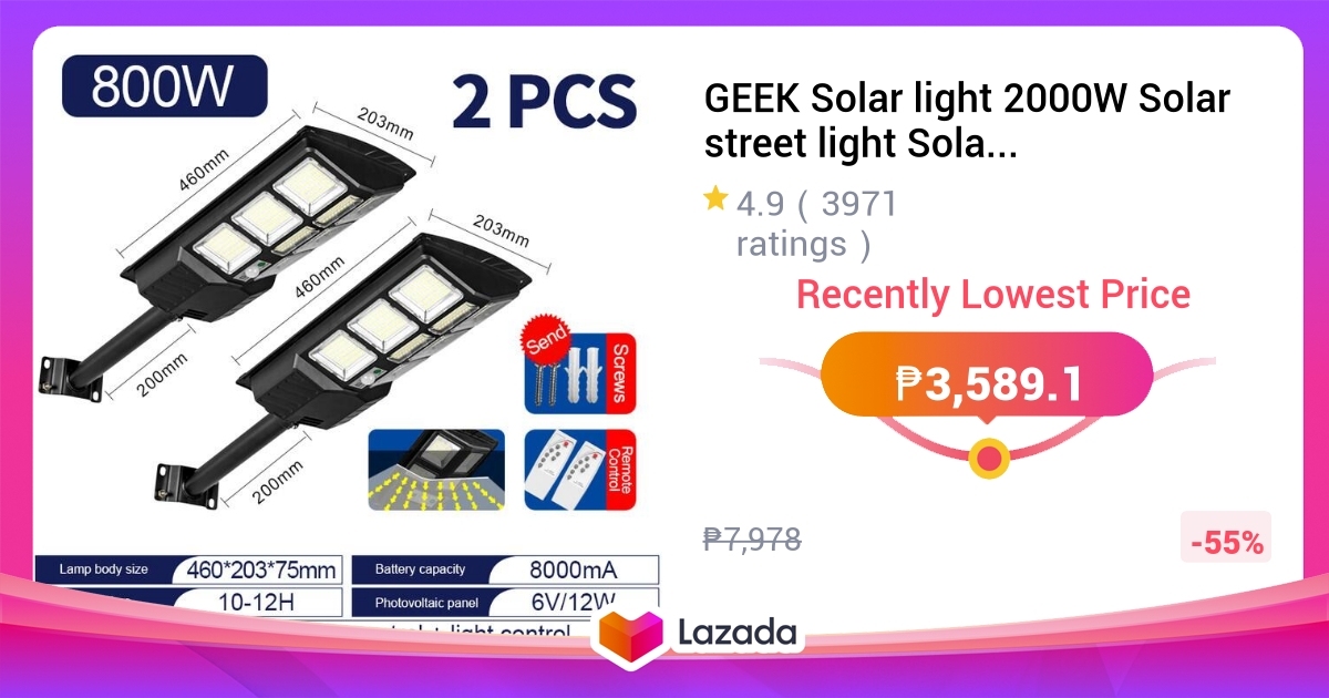 GEEK Solar light 2000W Solar street light Solar outdoor light with band ...