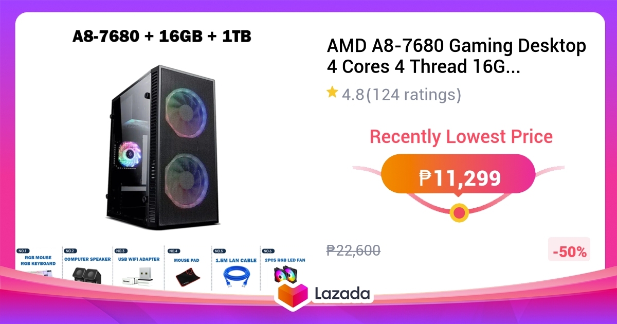 AMD A8-7680 Gaming Desktop 4 Cores 4 Thread 16GB RAM / 512GB SSD With ...