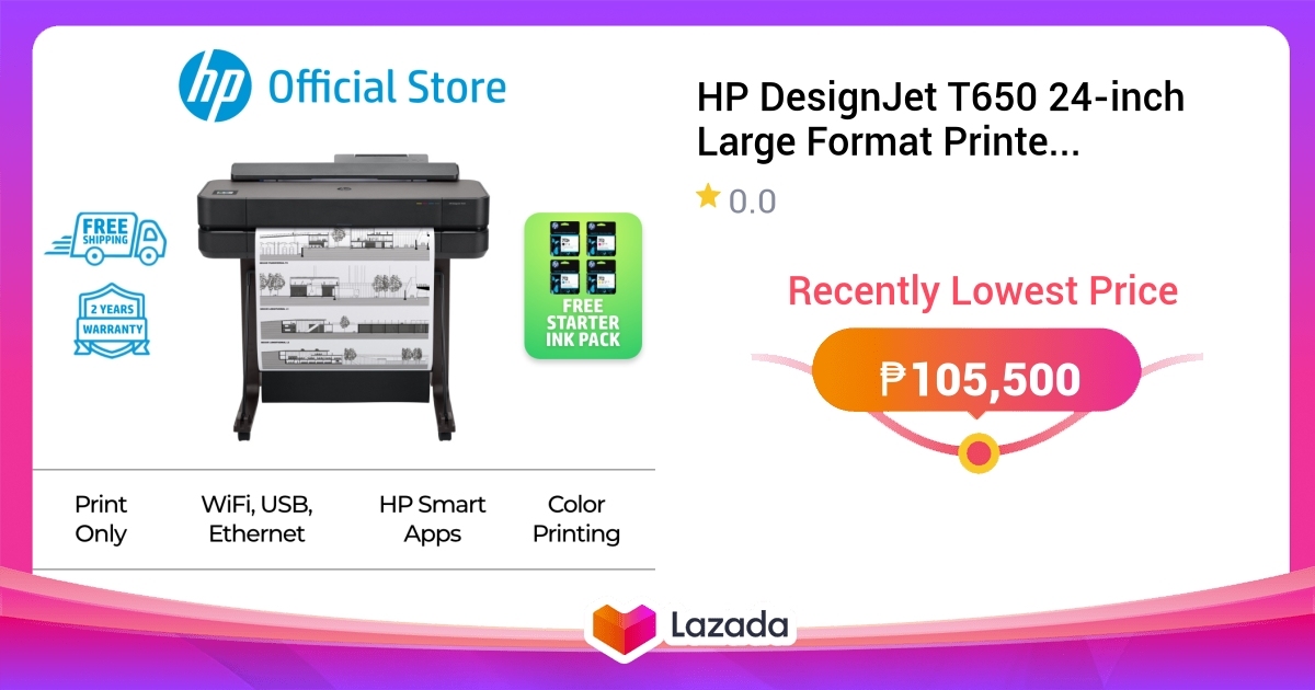HP DesignJet T650 24-inch Large Format Printer (up to A1 size) with ...