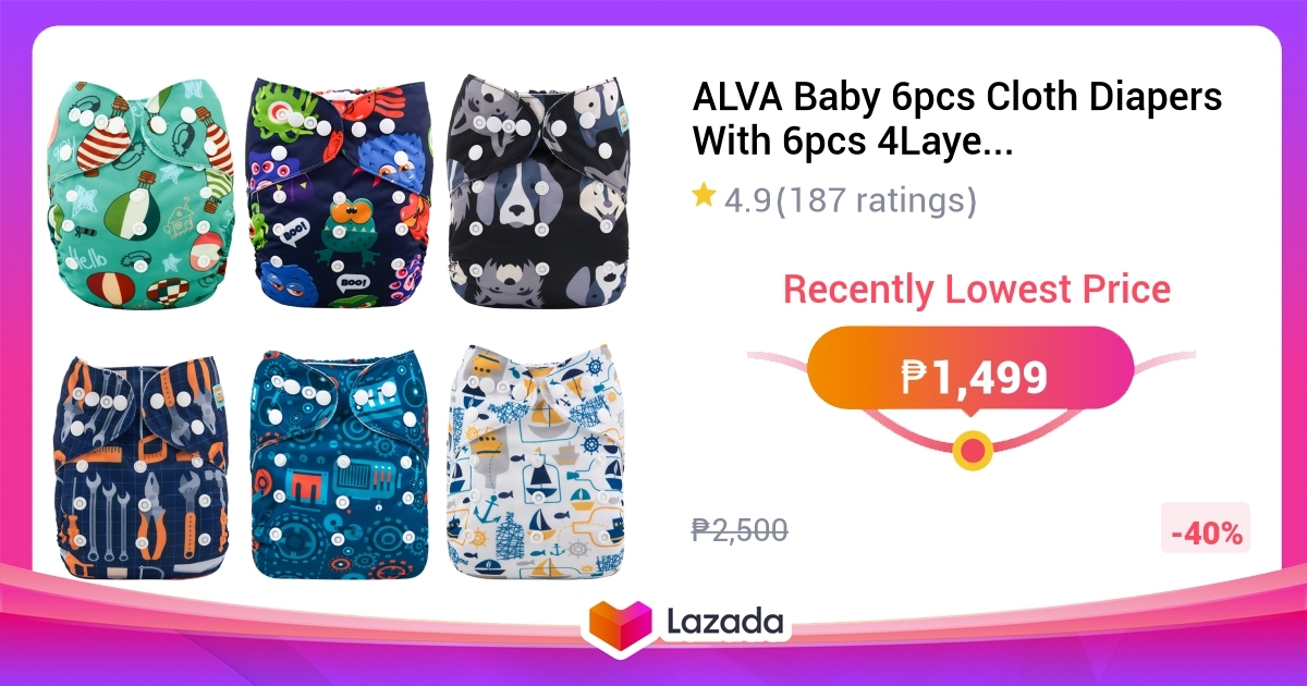 ALVA Baby 6pcs Cloth Diapers With 6pcs 4Layer Bamboo Charcoal Inserts ...
