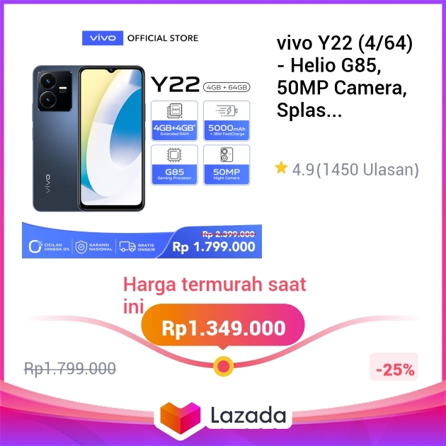 vivo Y22 (4/64) - Helio G85, 50MP Camera, Splash Waterproof, 5000mAh Battery + 18W FastCharge