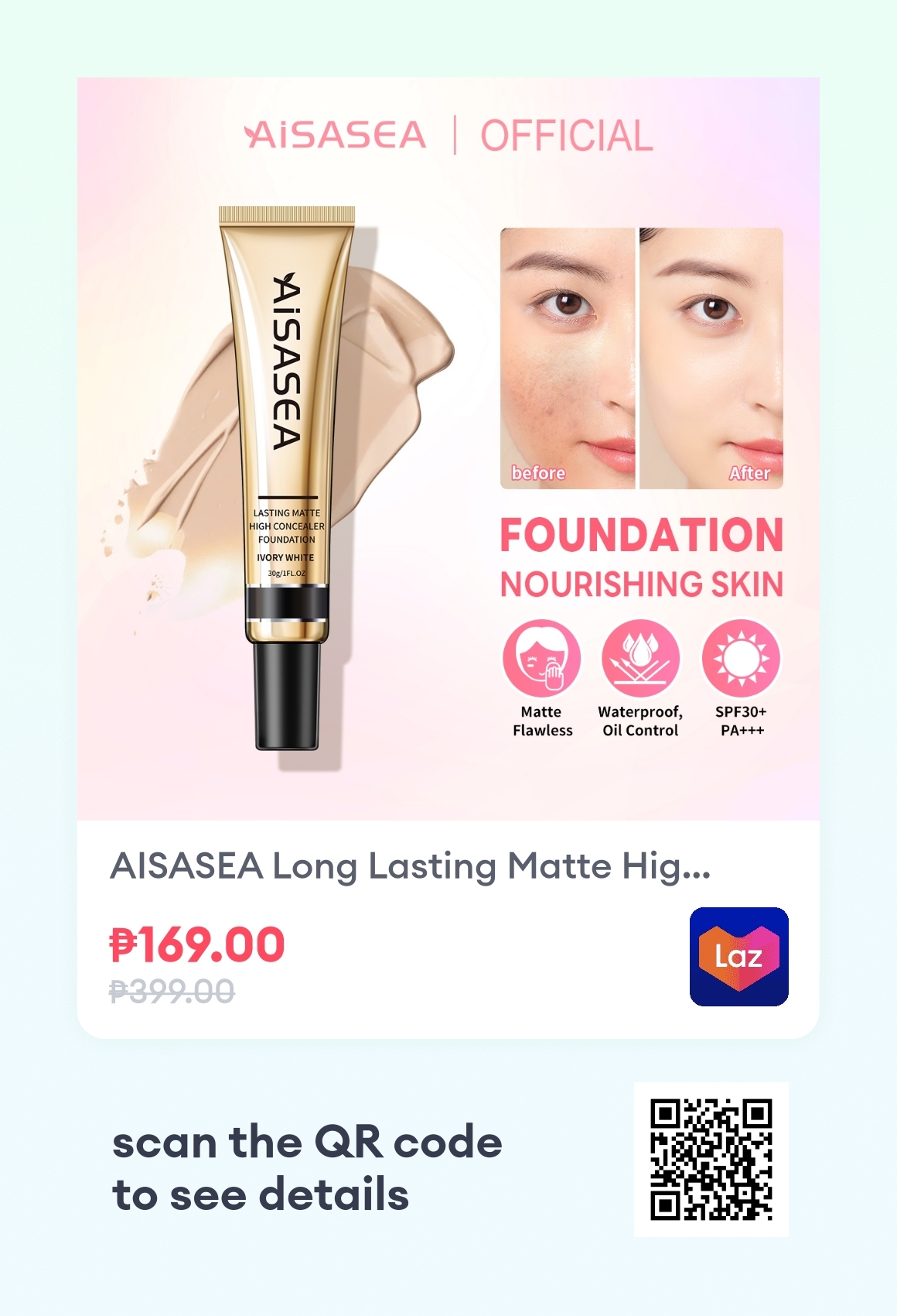 AISASEA Long Lasting Matte High Coverage Liquid Foundation 30g
