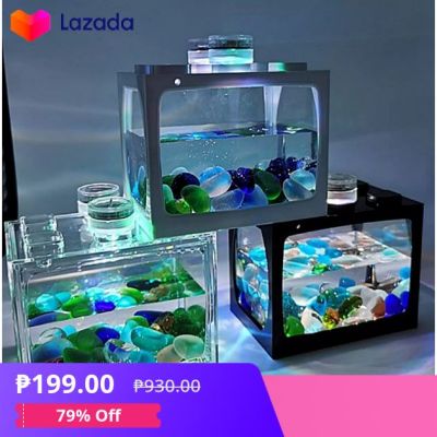 【COD】Mini Aquarium Fish Box With LED Light Home,Desktop Terrarium For ...