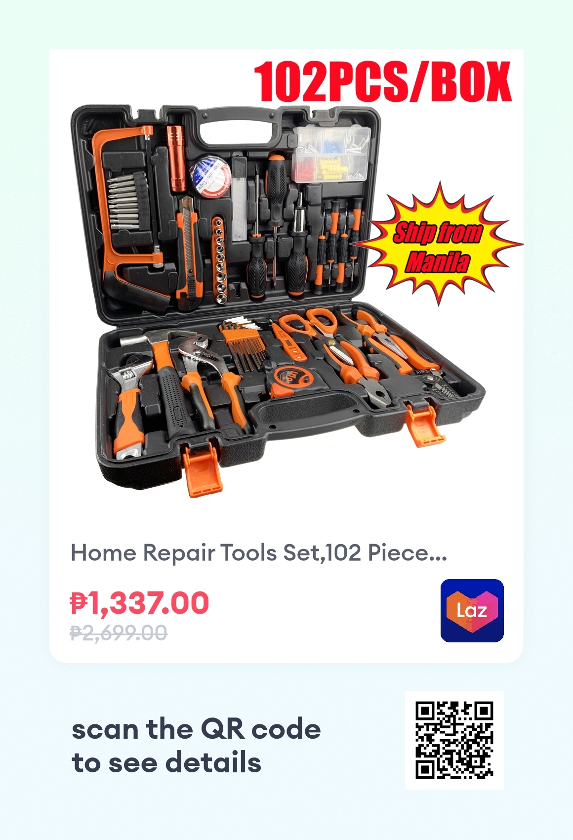 Home Repair Tools Set,102 Pieces General Household Hand Basic Tool Kit with Plastic Toolbox ...