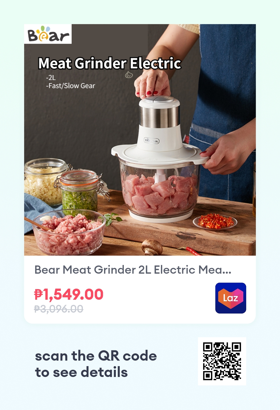 Bear Meat Grinder 2L Electric Meat Grinder Food Processor Mincer Food ...