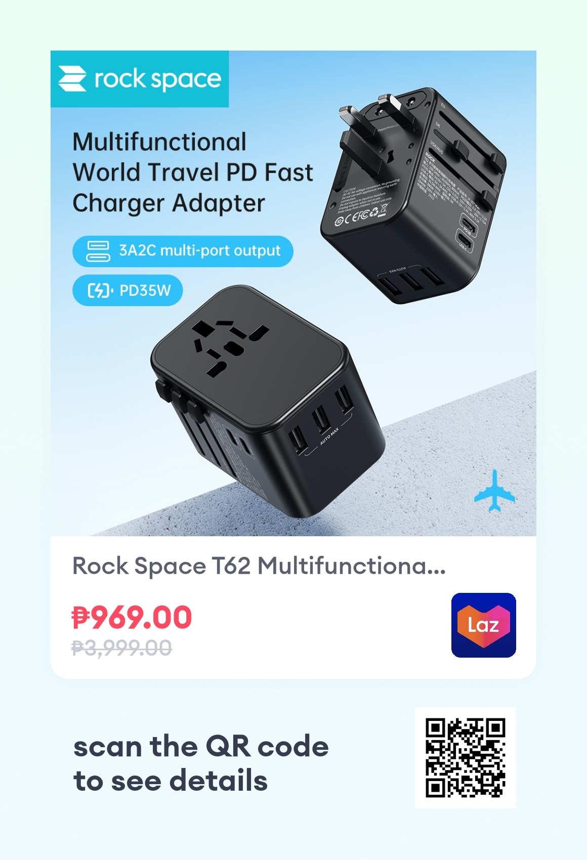 Rock Space T62 Multifunctional Travel Adapter PD Fast Charger Type-C ...