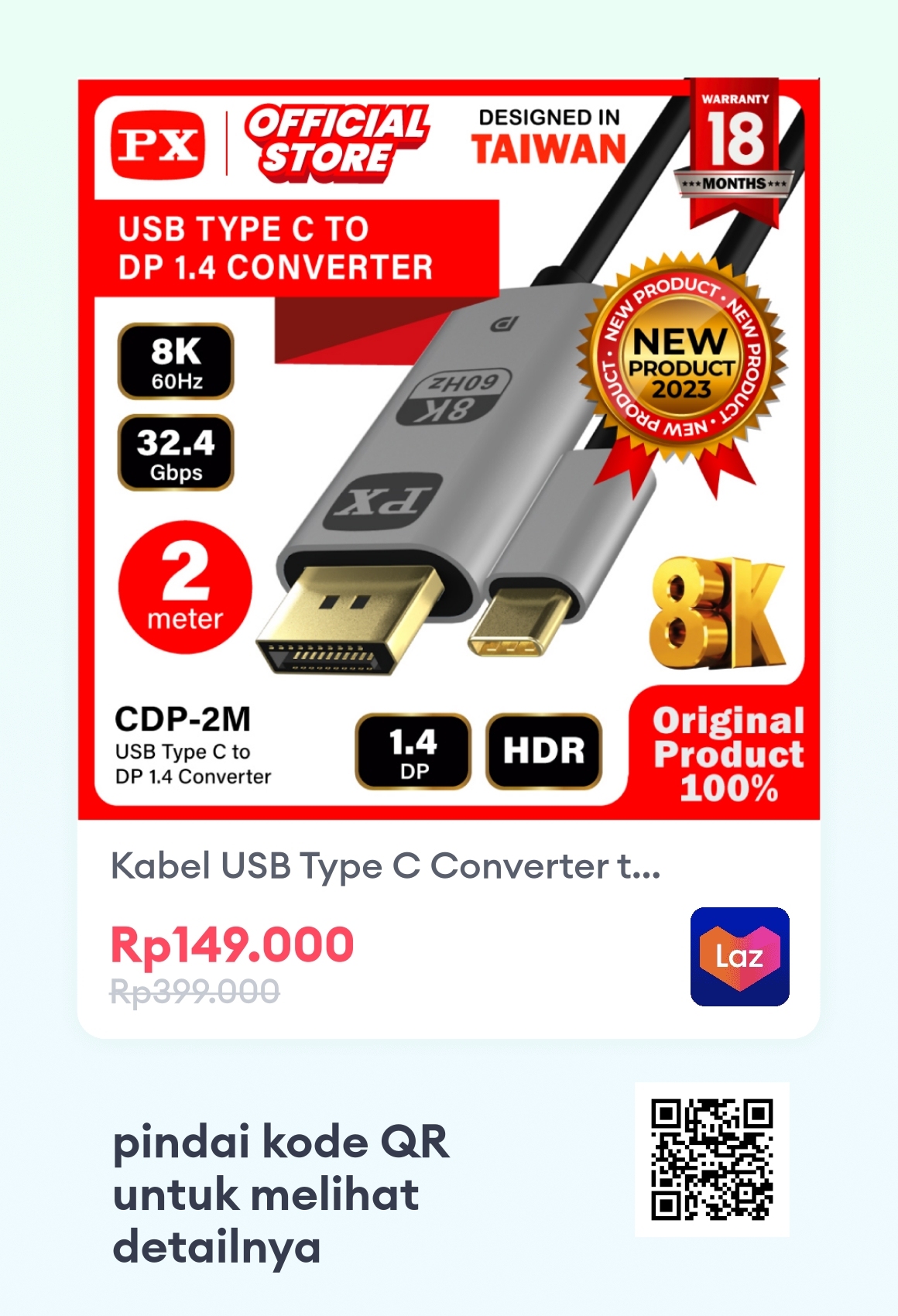 Kabel USB Type C Converter to Display Port Laptop ke TV 8K PX CDP-2M