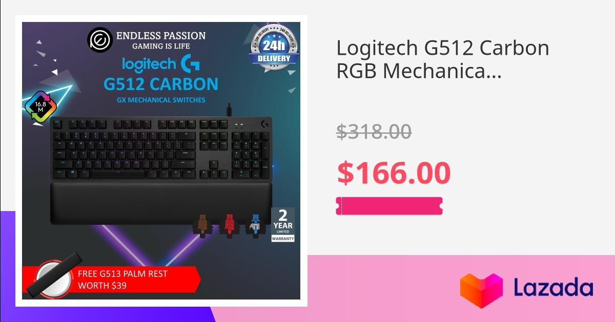 Logitech G512 Carbon RGB Mechanical Gaming Keyboard - FREE G513 WRIST REST