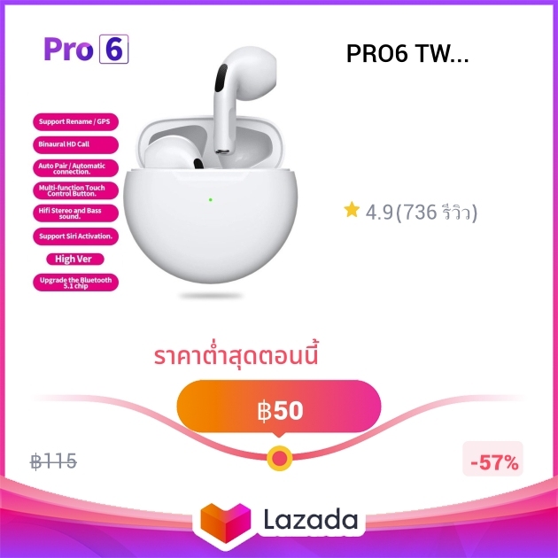 PRO6 TWS หูฟังเอียบัดไร้สายหูฟังบลูทูธการควบคุมแบบสัมผัสพร้อมไมค์ชุดหูฟังกีฬาสเตอริโอ TWS กันน้ำ