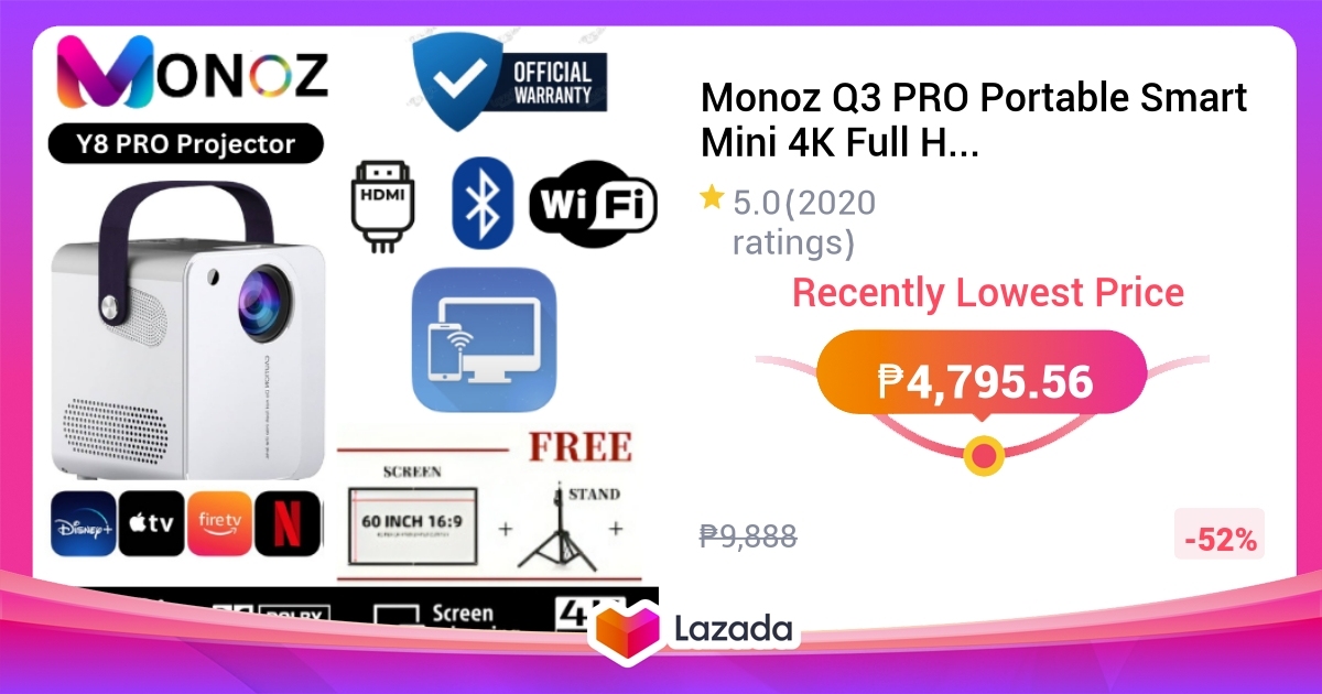 Monoz Q3 PRO Portable Smart Mini 4K Full HD Projector IOS / Android ...