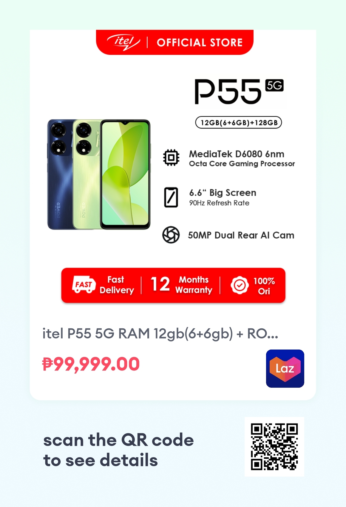 itel P55 5G RAM 12gb(6+6gb) + ROM 128gb MTKD6080 90Hz 5000mAh