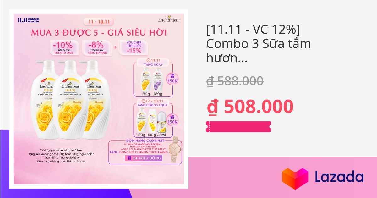 [11.11 - VC 12%] Combo 3 Sữa tắm hương nước hoa Enchanteur Charming ...