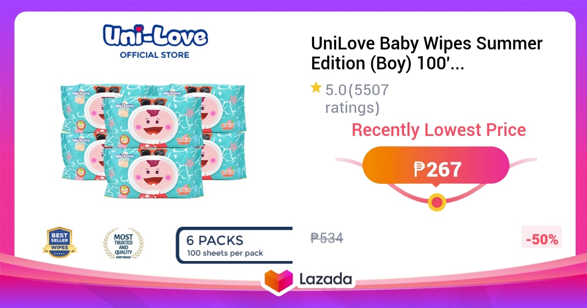 UniLove Baby Wipes Summer Edition (Boy) 100's Pack of 6
