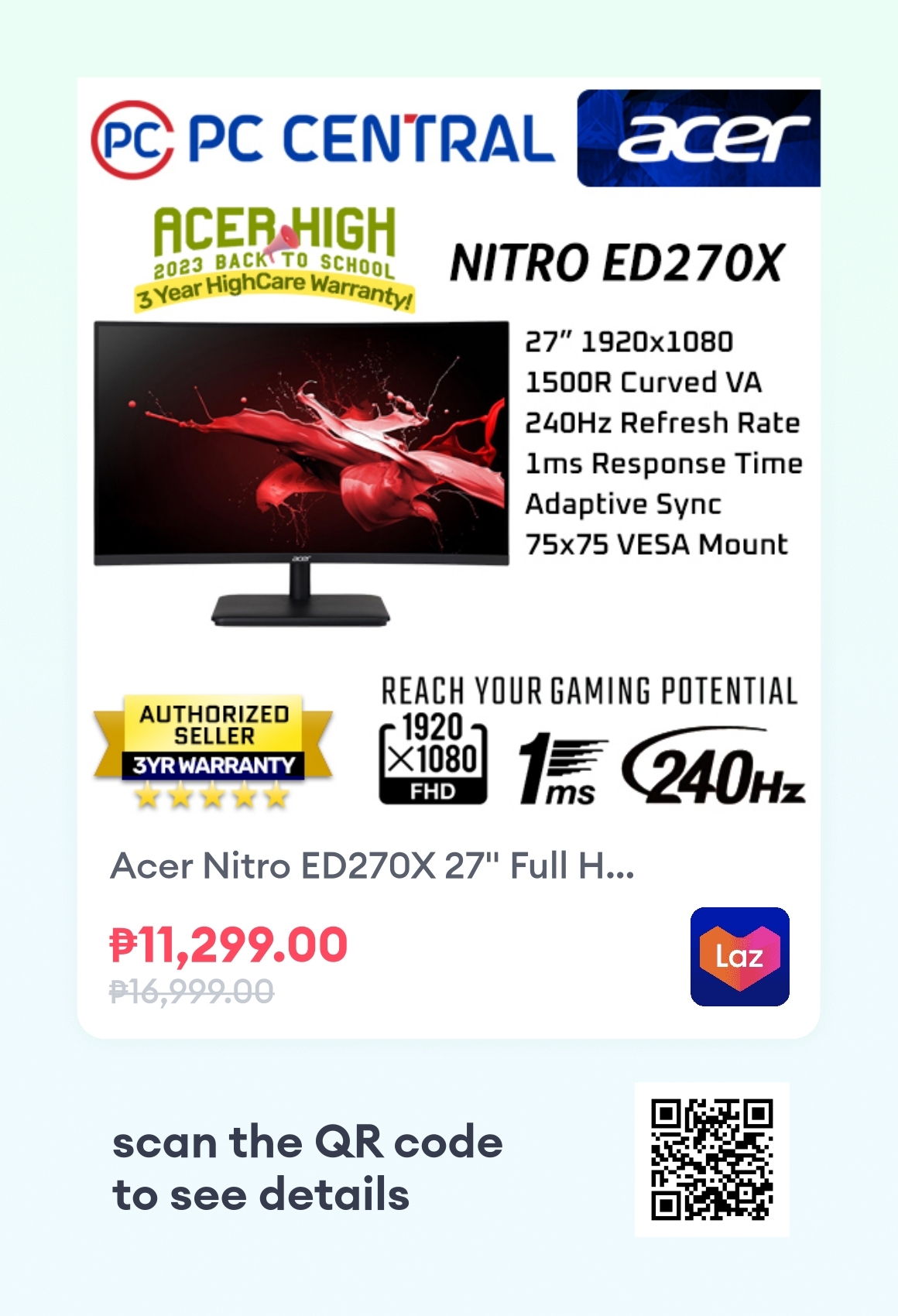 Acer Nitro ED270X 27" Full HD Curved Gaming Monitor 240Hz | 1ms