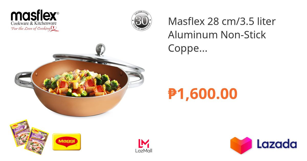 Masflex 28 cm/3.5 liter Aluminum Non-Stick Copper Skillet with Glass ...