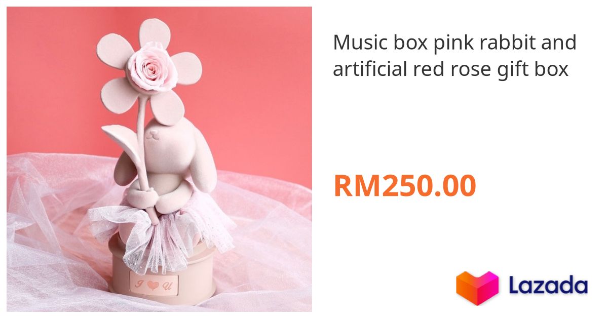 Music box pink rabbit and artificial red rose gift box
