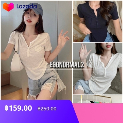 MYTOPSHOP🌈 T91 เสื้อคร๊อบคอกลมกระดุมแขนสั้น