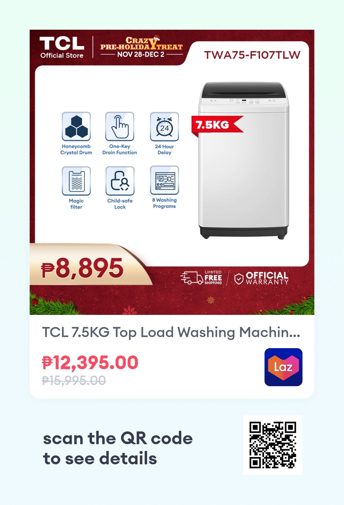 TCL 7.5KG Top Load Washing Machine - TWA75-F107TLW (Top-Lid Glass, 8 ...
