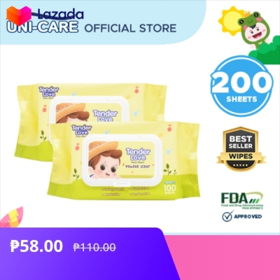 Tender Love New Powder Scent Baby Wipes (Violin) 100's Pack of 2