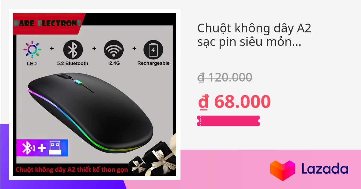 Chuột không dây A2 sạc pin siêu mỏng 2.4GHz，không tạo tiếng ồn, có cổng ...