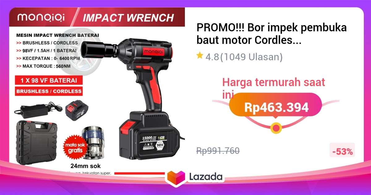 PROMO!!! Bor impek pembuka baut motor Cordless Impact Wrench high torsi ...