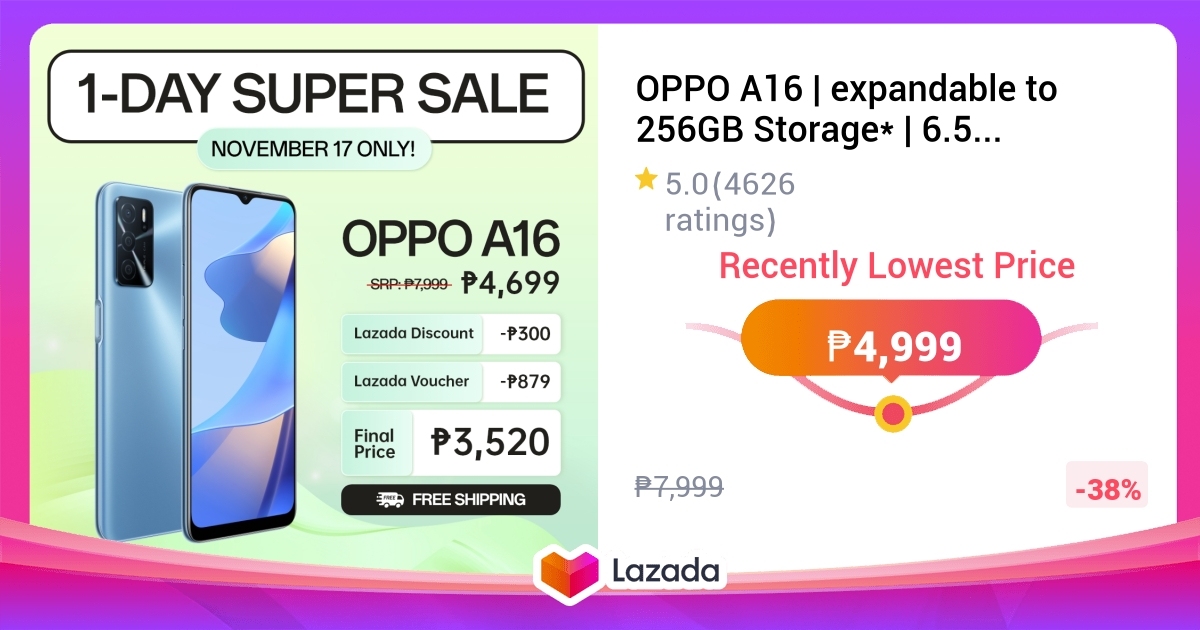 OPPO A16 | expandable to 256GB Storage* | 6.5" HD+ Eye-care Display ...