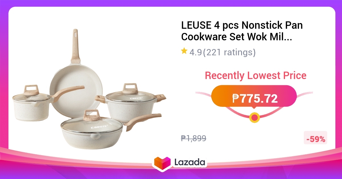 LEUSE 4 pcs Nonstick Pan Cookware Set Wok Milk Pan Frying Pan with Lid ...